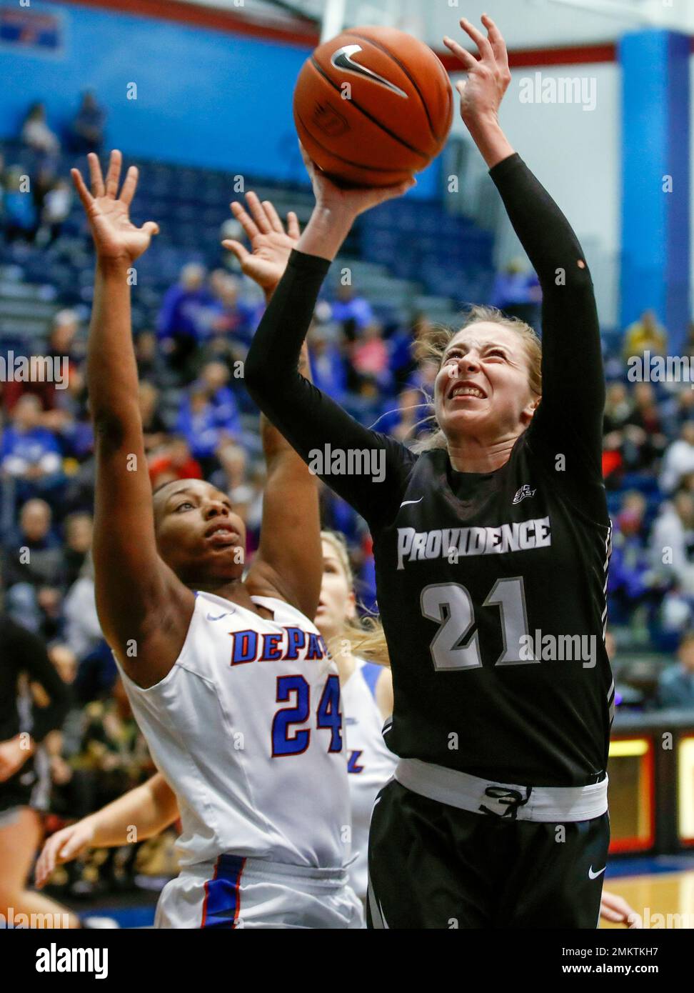 Providence Friars guard Maddie Jolin, right, shoots against DePaul Blue ...