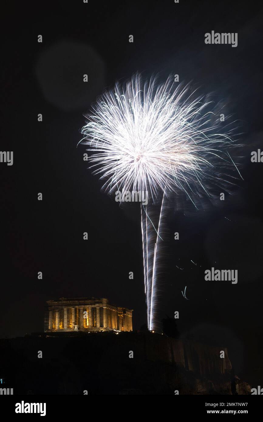 Fireworks explode over the ancient Parthenon temple at the Acropolis ...