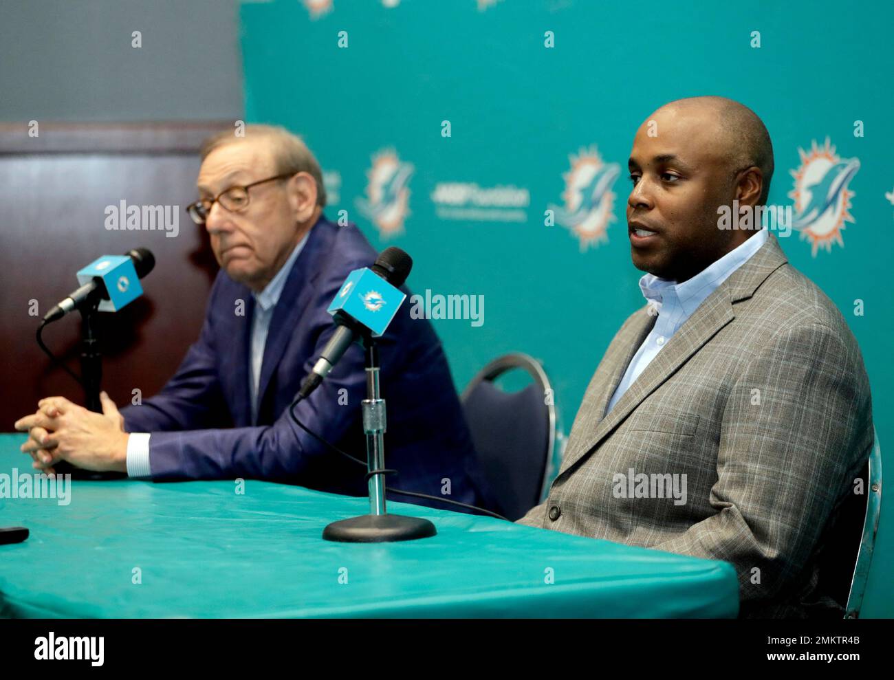 Miami Dolphins owner Stephen Ross, left, and general manager Chris ...