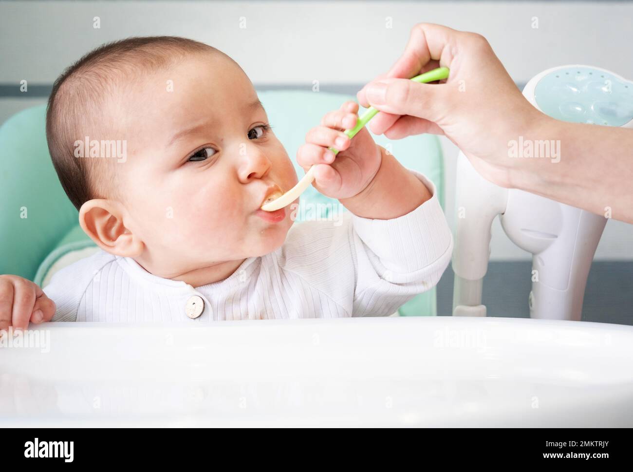 Mom feeds the baby with a spoon of vegetable puree at the children's ...