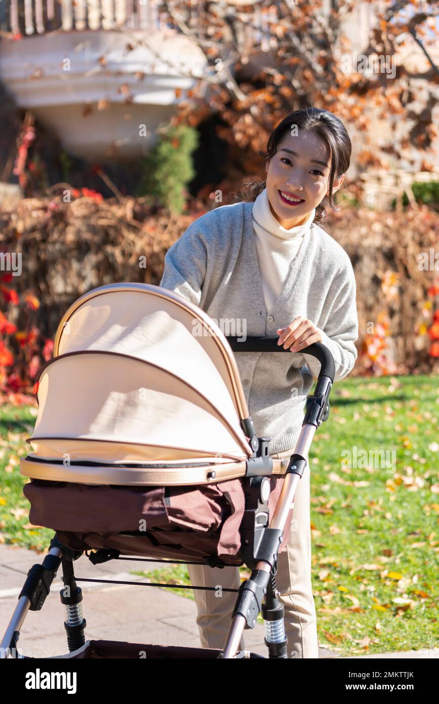 The young mother pushing a stroller for a walk Stock Photo - Alamy