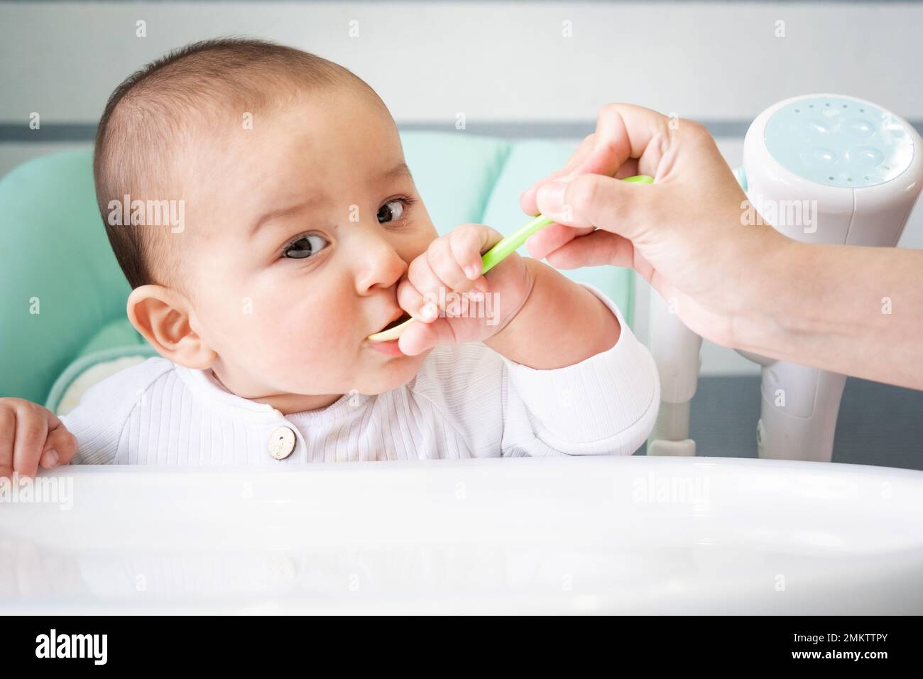 Mom feeds the baby with a spoon of vegetable puree at the children's ...