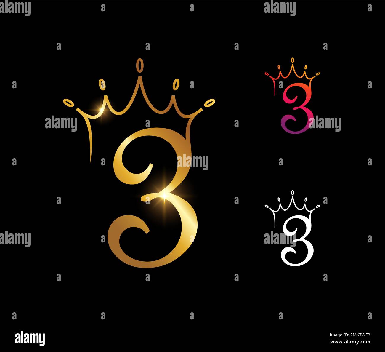 A vector illustration set of Golden Luxury Crown Monogram Number 3 ...