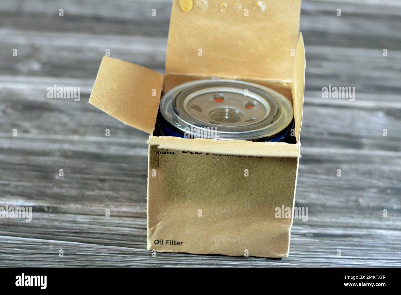 Cairo, Egypt, January 23 2023: KIA and Hyundai Oil Filter for Elantra and Kia Cerato, engine's ...