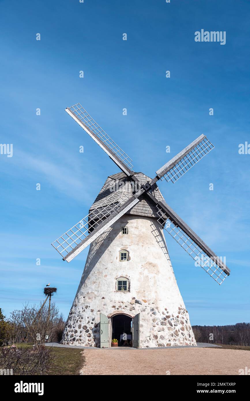 The Āraiši windmill Dutch-type mill in Latvia. Built in 1852, restored ...