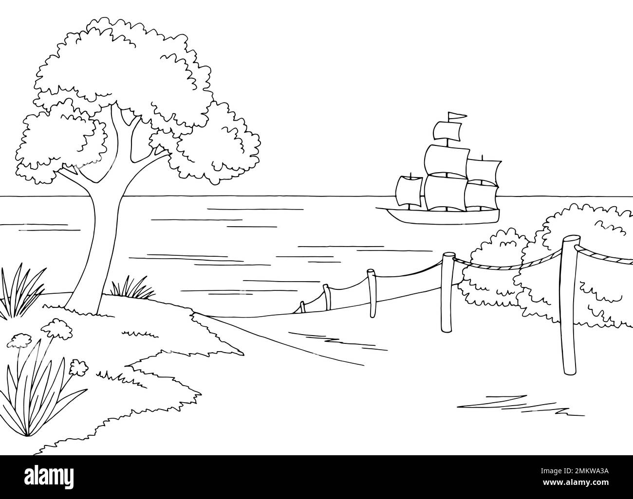 Sea coast graphic black white landscape sketch illustration vector ...