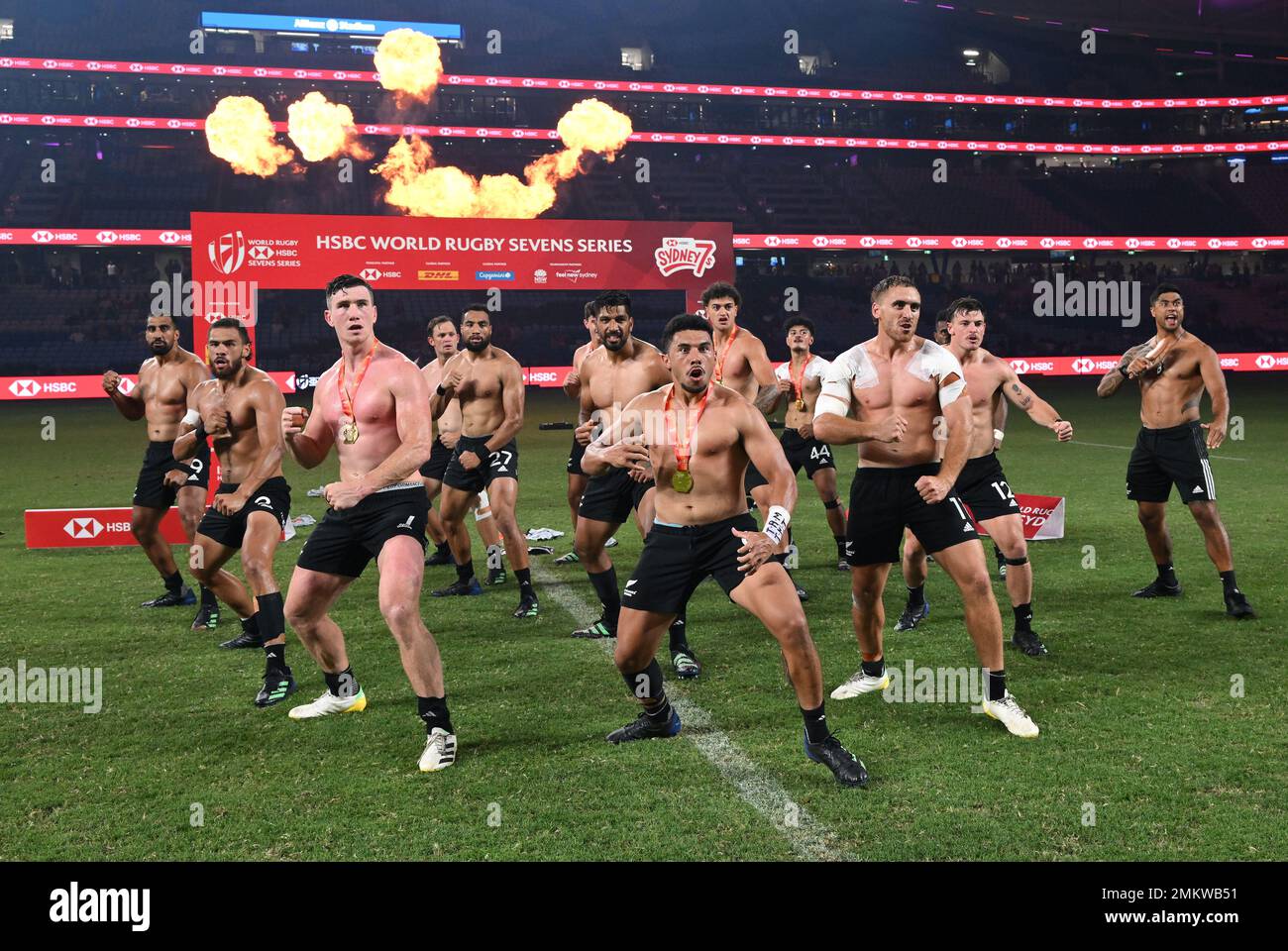 New Zealand players perform a Haka after winning the HSBC Sydney Sevens men's final against ...