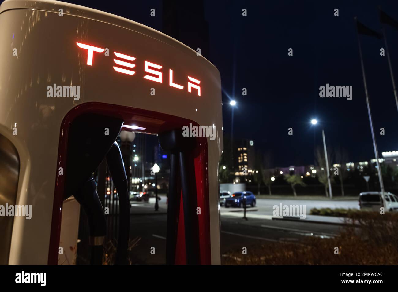 October 20, 2022 Astana, Kazakhstan: Empty Tesla electric car charging ...