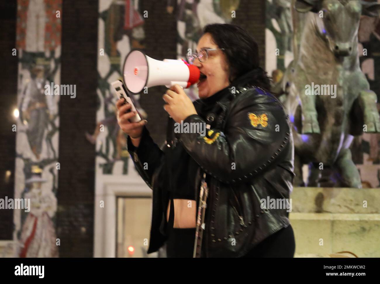 Hollywood, California, USA. 28th Jan, 2023. A protestor holds a bull ...