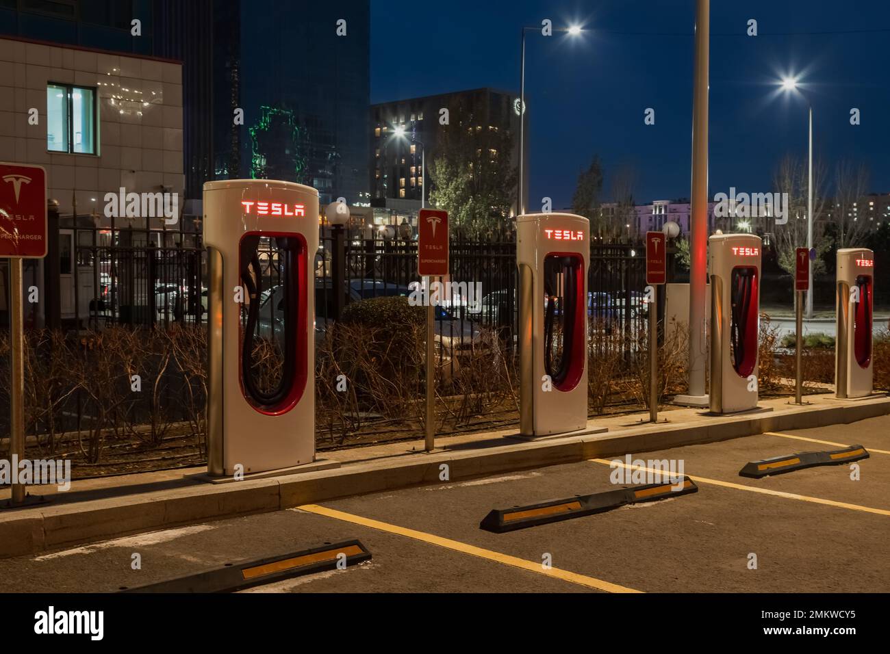 October 20, 2022 Astana, Kazakhstan: Empty Tesla electric car charging ...