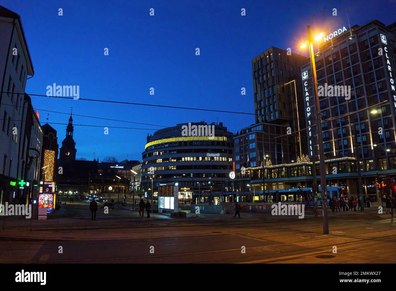 Streets of Oslo city covered with snow during winter period. Urban view ...