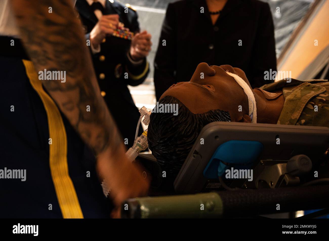 A lifelike combat casualty mannequin sits on display inside the U.S ...