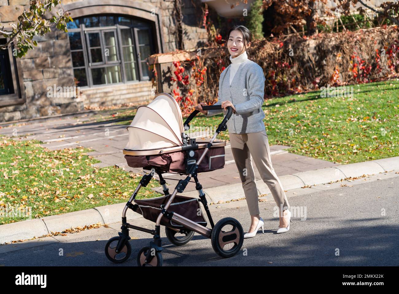Young mother pushing a stroller for a walk Stock Photo - Alamy