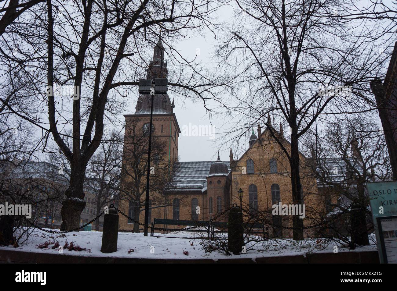 Oslo Cathedral (Oslo domkirke) with a beautiful tower and a clock in ...