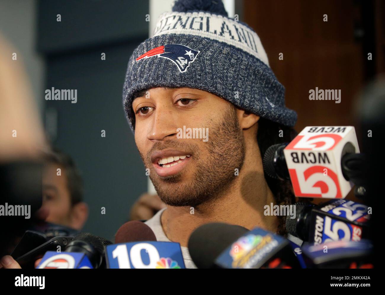 New England Patriots cornerback Stephon Gilmore faces reporters in the ...