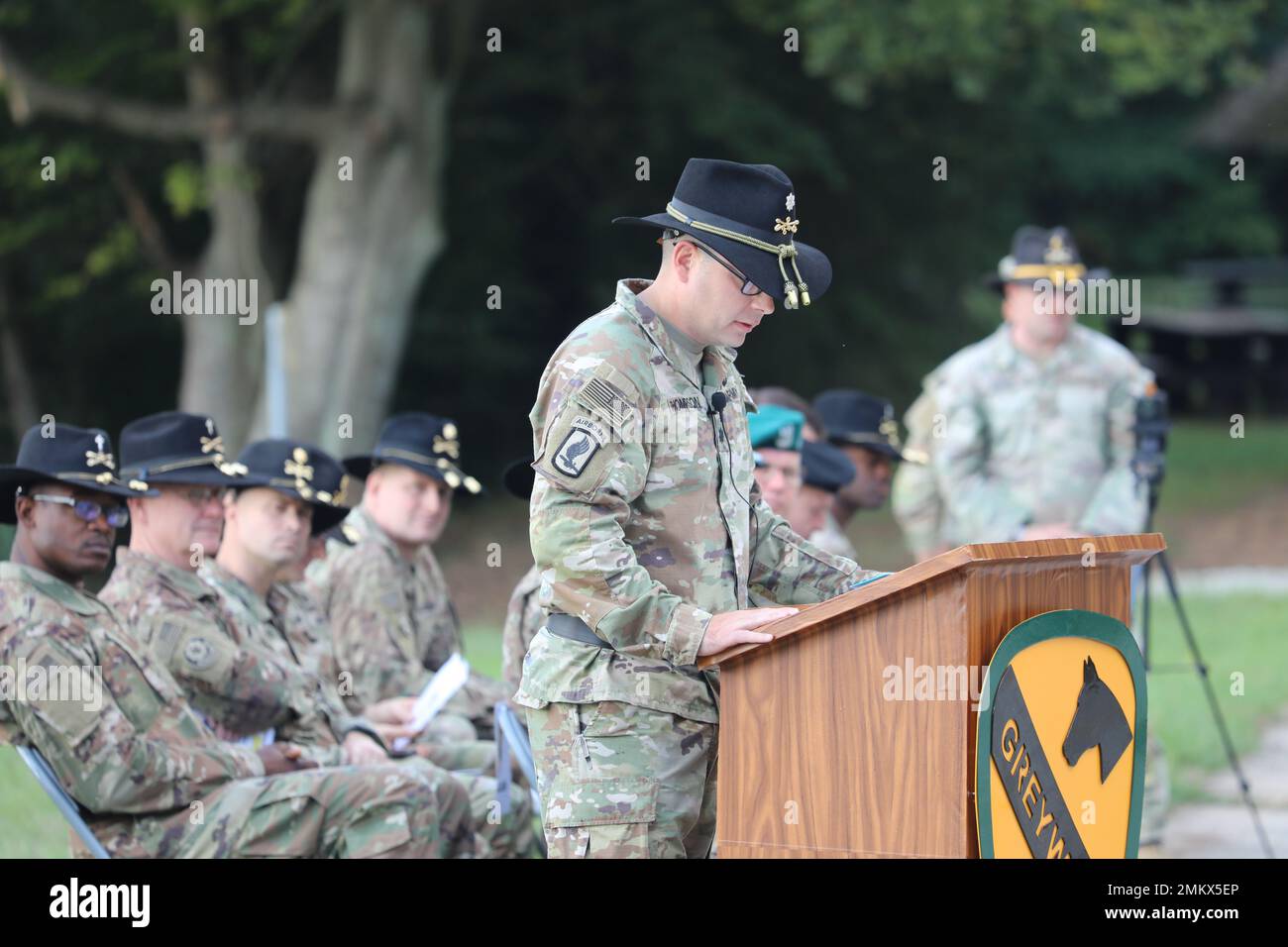 U.S. Army Lt. Col. Levi Thompson, the commander of 6-9 Cavalry Regiment addresses the troopers ...
