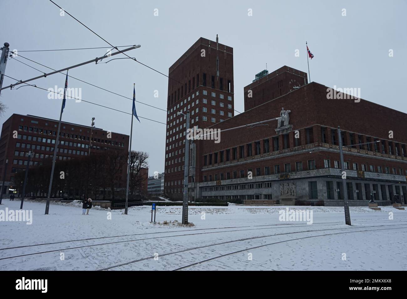 Streets of Oslo city covered with snow during winter period. Urban view ...