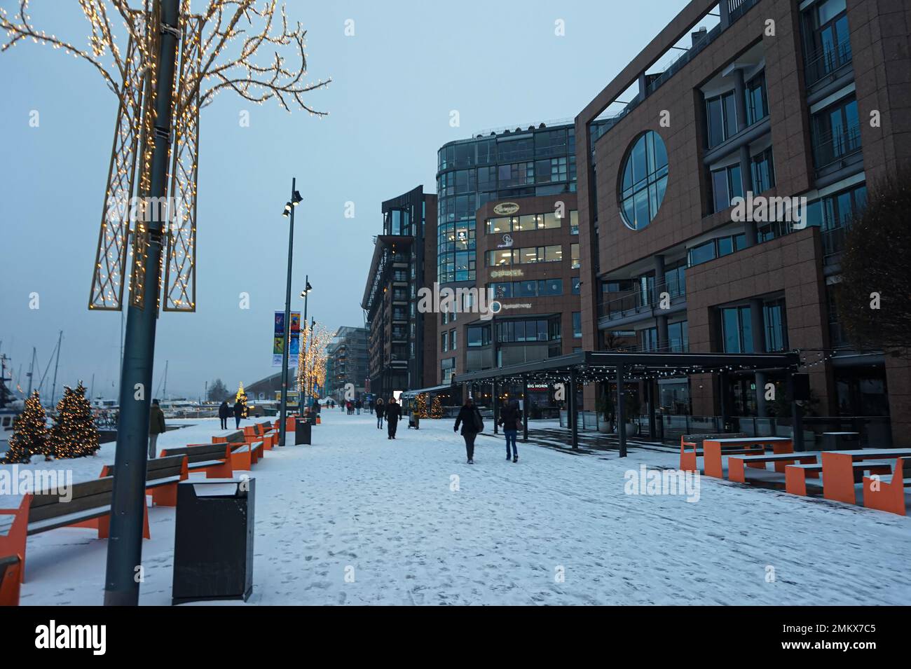 Streets of Oslo city covered with snow during winter period. Urban view ...