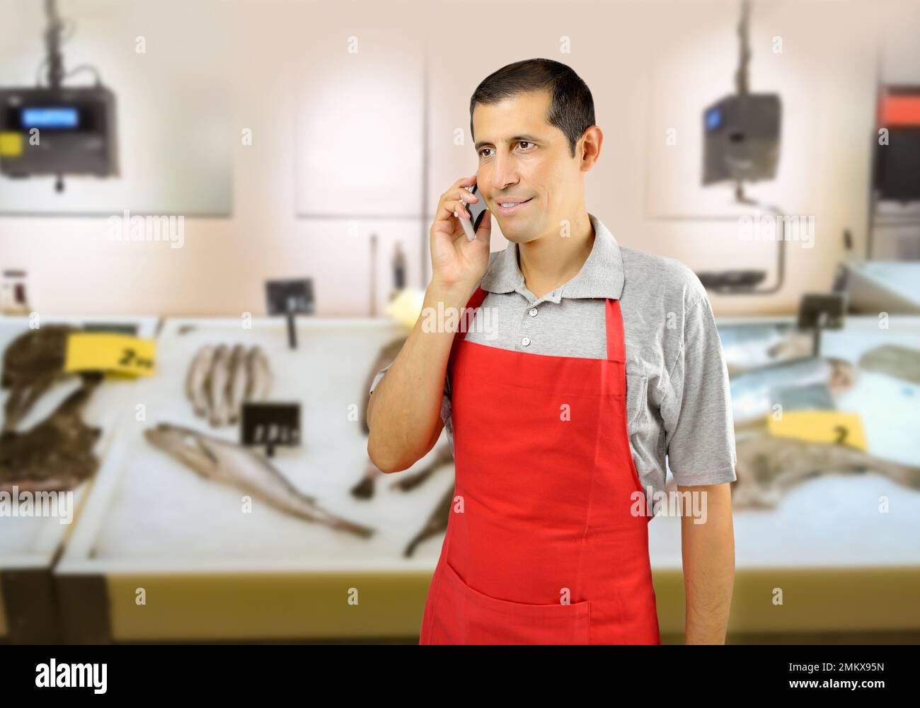 shopman with apron using a smart phone at the fishmonger Stock Photo ...