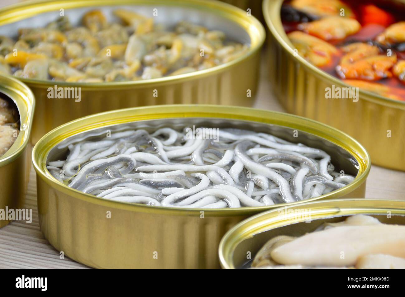 Assortment of cans of canned with different types of fish and seafood ...