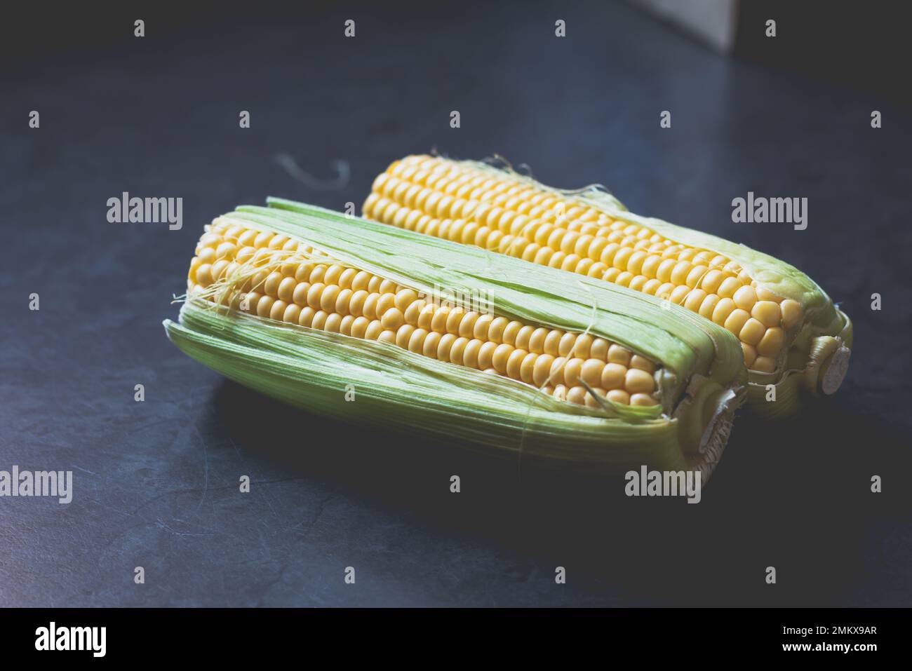 Two isolated yellow corn cobs on a black table top, sweet corn Stock ...