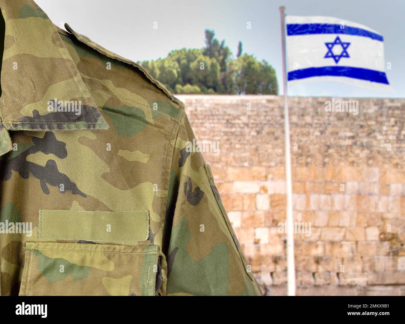 Military man posing in front of Israel flag and The Western Wall ...