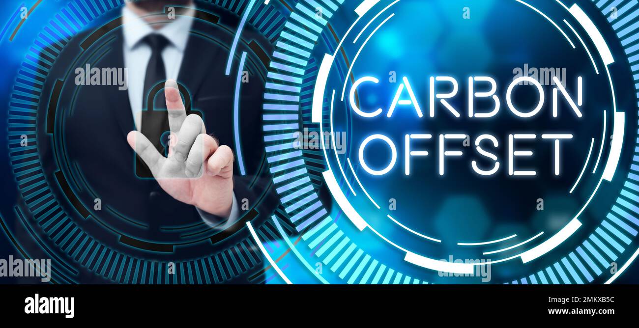 Text sign showing Carbon Offset. Word for Reduction in emissions of ...