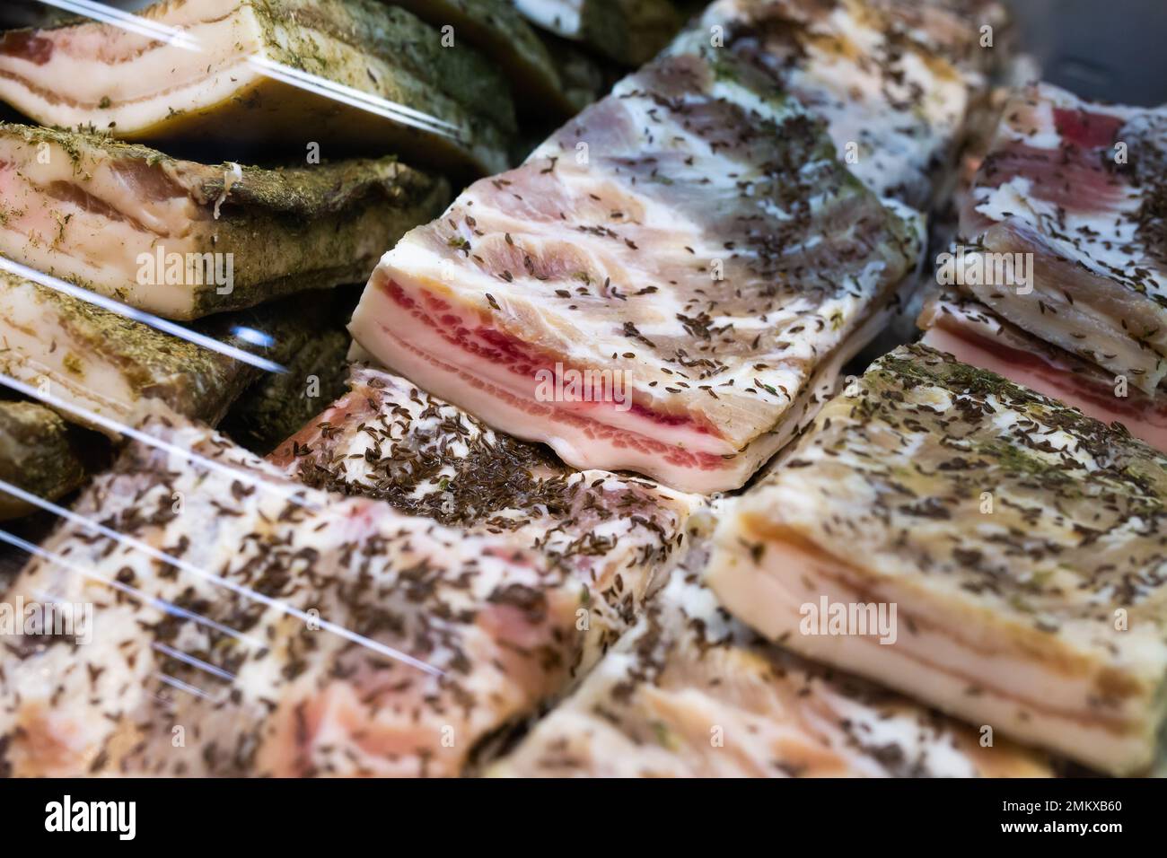 salted cooked pork belly on store counter Stock Photo - Alamy