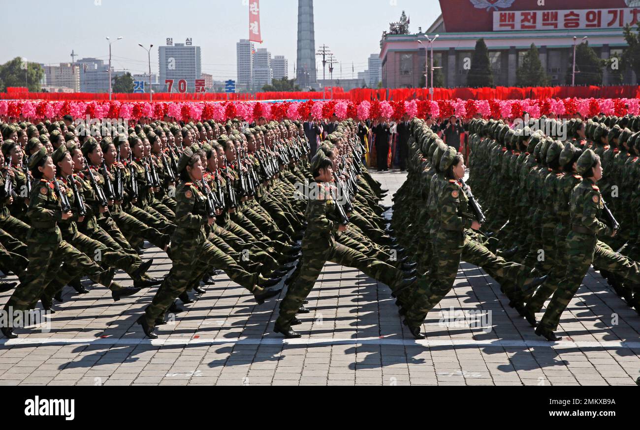 North Korean soldiers march during a parade for the 70th anniversary of ...