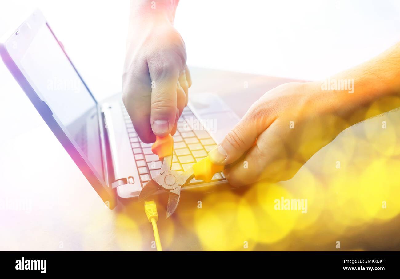 Information Technology. Laptop connected to Internet. Information war ...