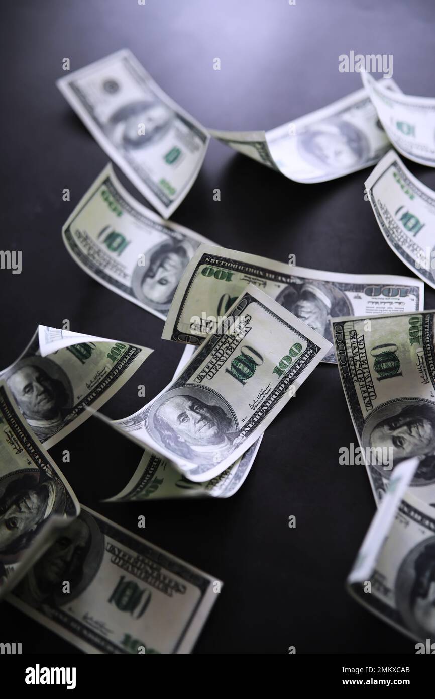 Dollar banknotes flying black background, collage. Banner design Stock ...