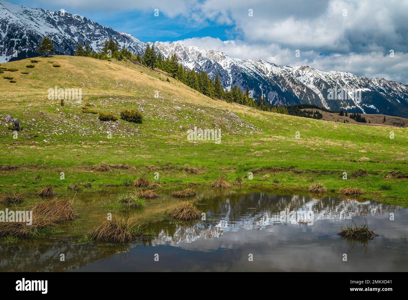 Stunning alpine landscape with snowy mountain ridge and small lake ...