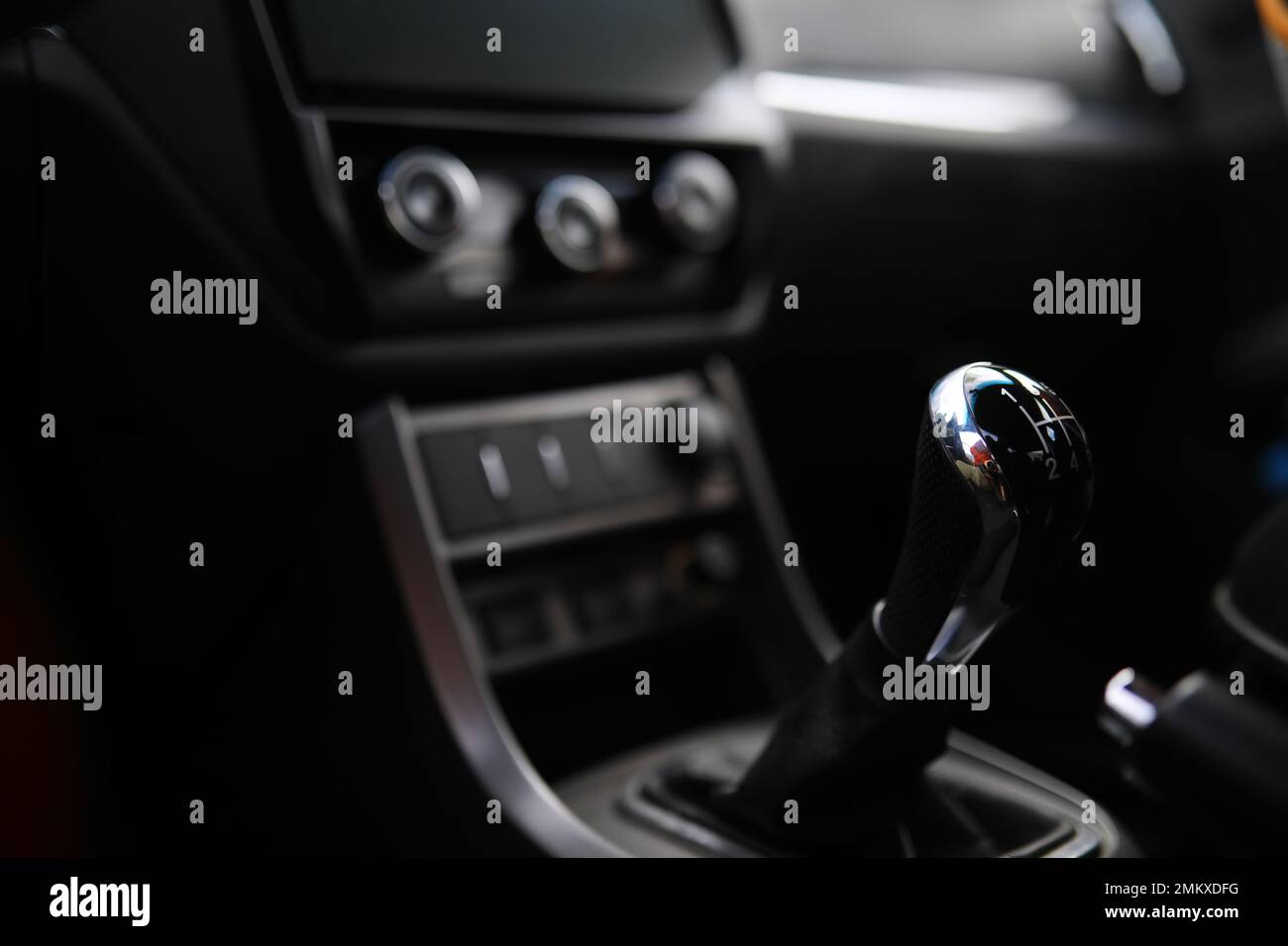 Close up view of a gear lever shift. Manual gearbox. Car interior ...