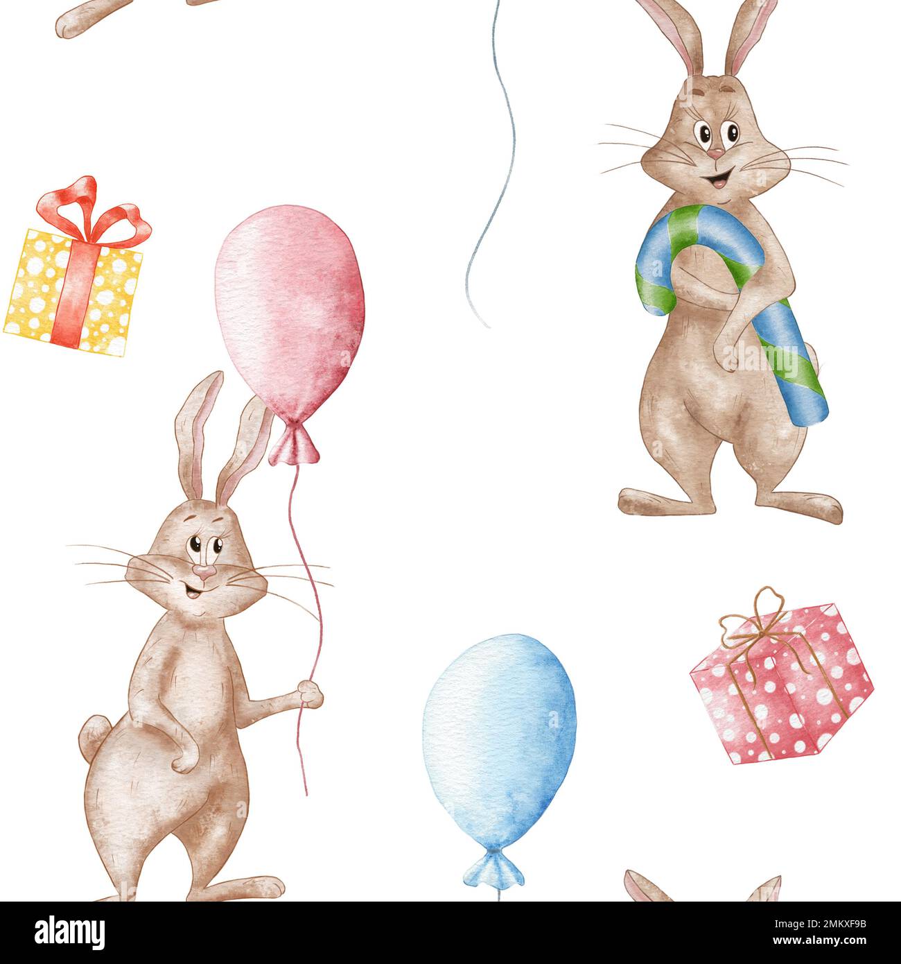 Watercolor Seamless Pattern with Cute Rabbits Hares. Illustration with ...