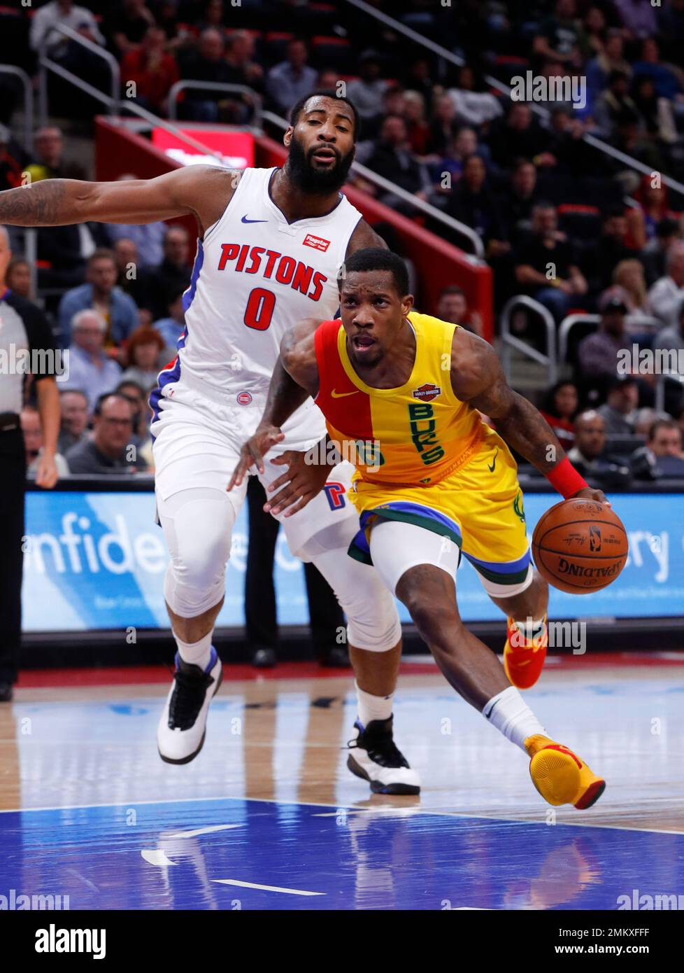 Milwaukee Bucks guard Eric Bledsoe (6) drives on Detroit Pistons center ...