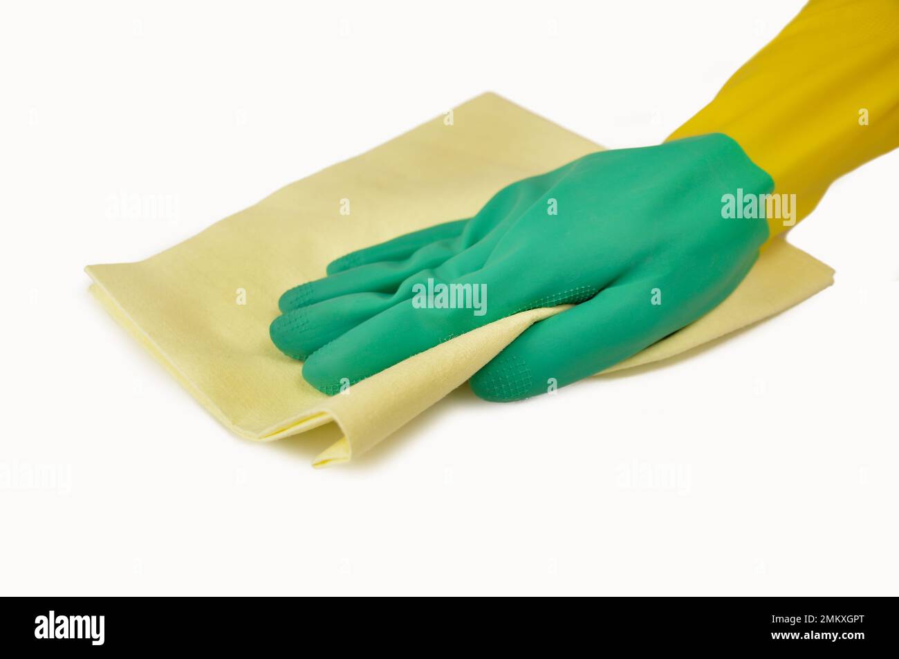 Hand whit glove wiping surface with yellow rag isolated on white Stock ...