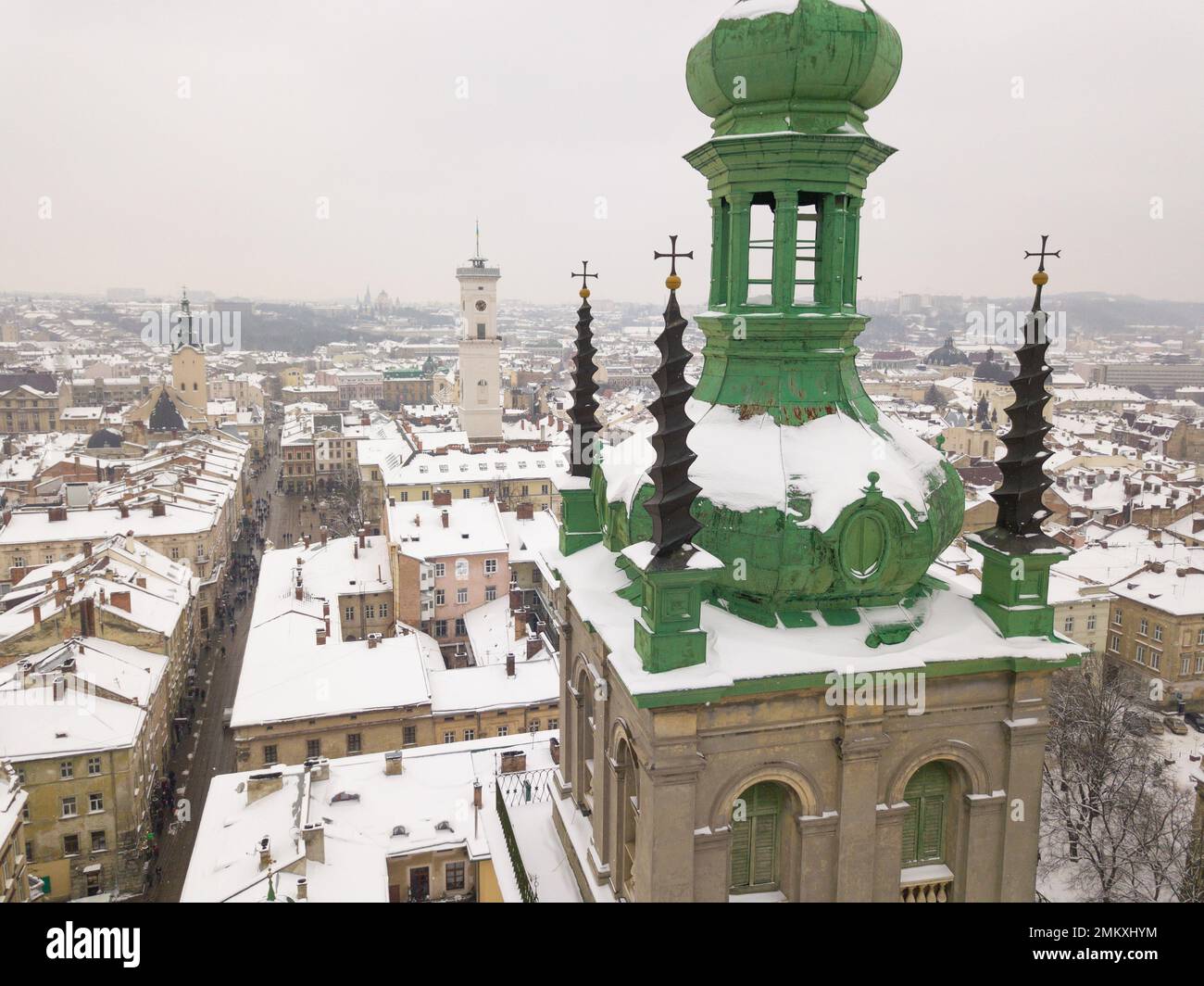 Ukraine, Lviv city center, old architecture, drone photo, bird's eye ...