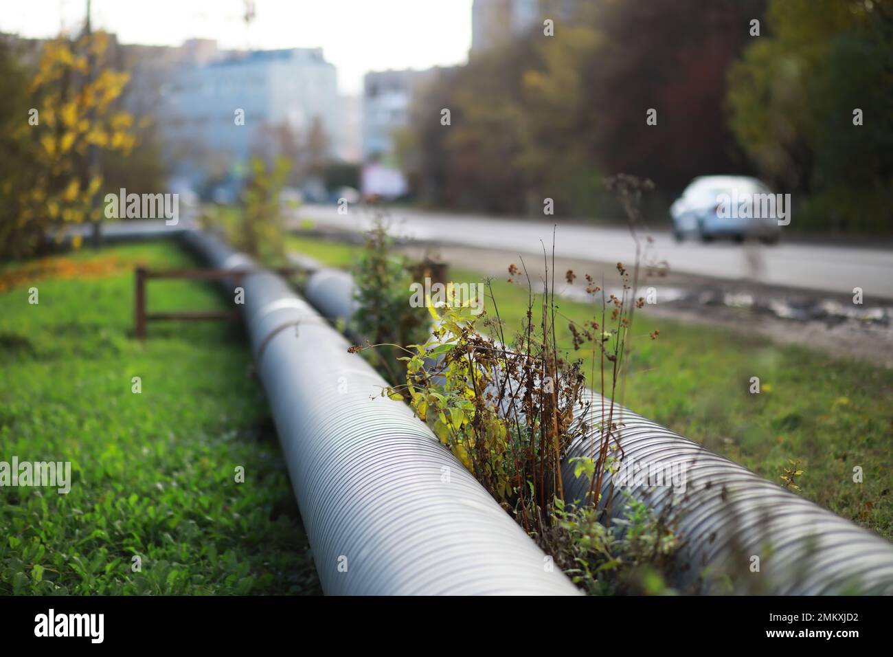 Metal pipes on the street. pipes from the pipeline. gas pipeline for ...