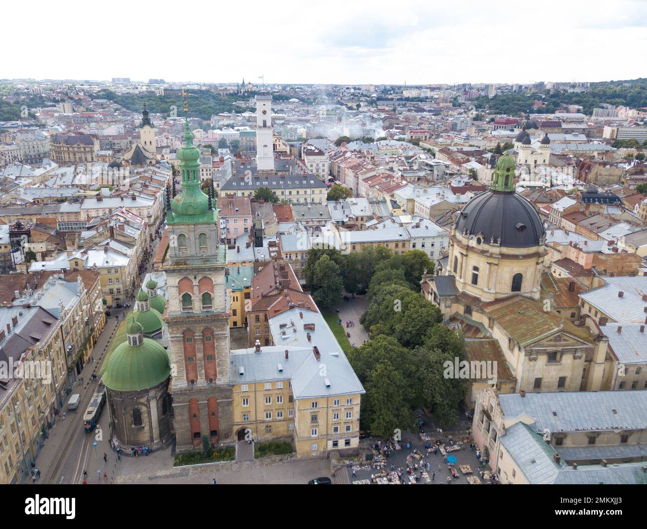 Ukraine, Lviv city center, old architecture, drone photo, bird's eye ...
