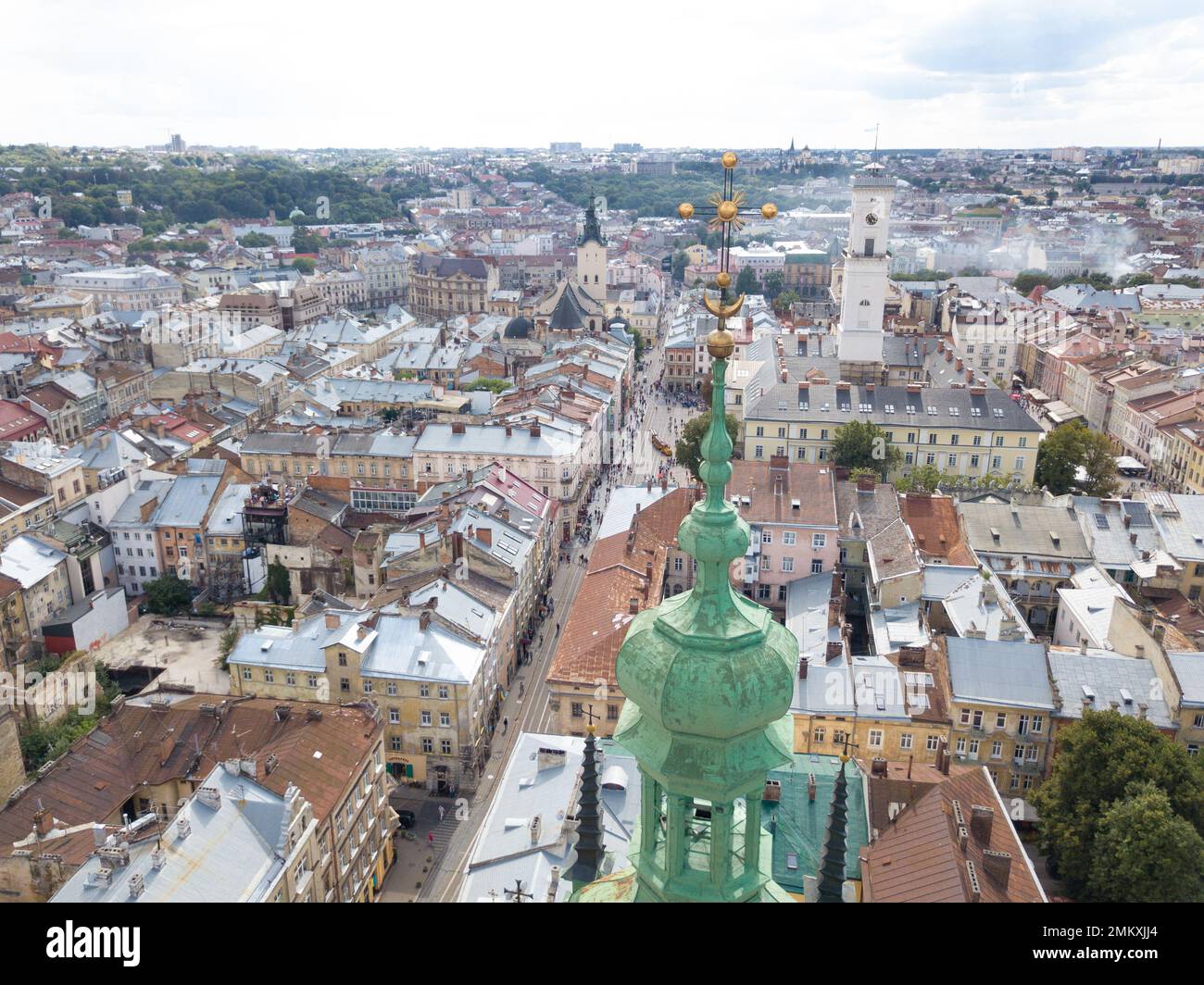 Ukraine, Lviv city center, old architecture, drone photo, bird's eye ...