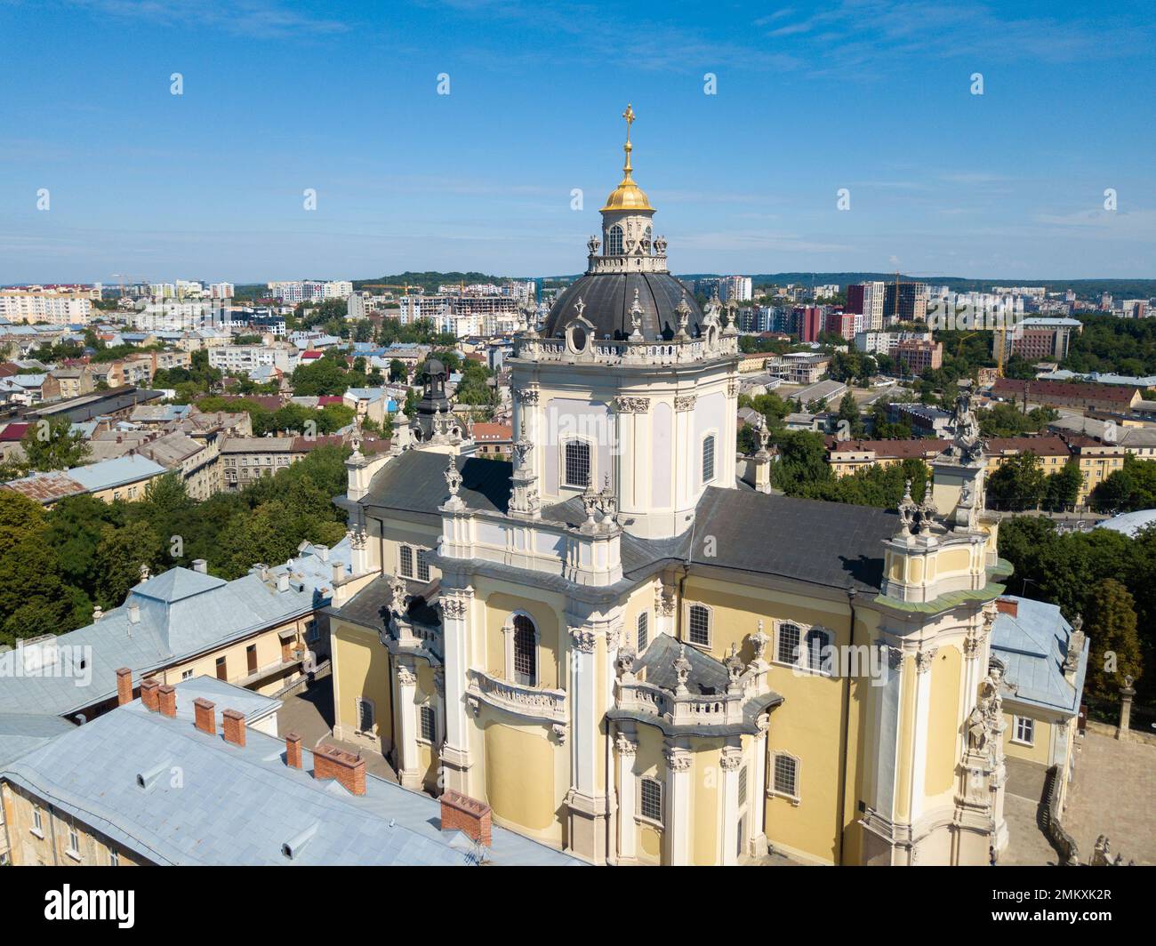 Ukraine, Lviv city center, old architecture, drone photo, bird's eye ...