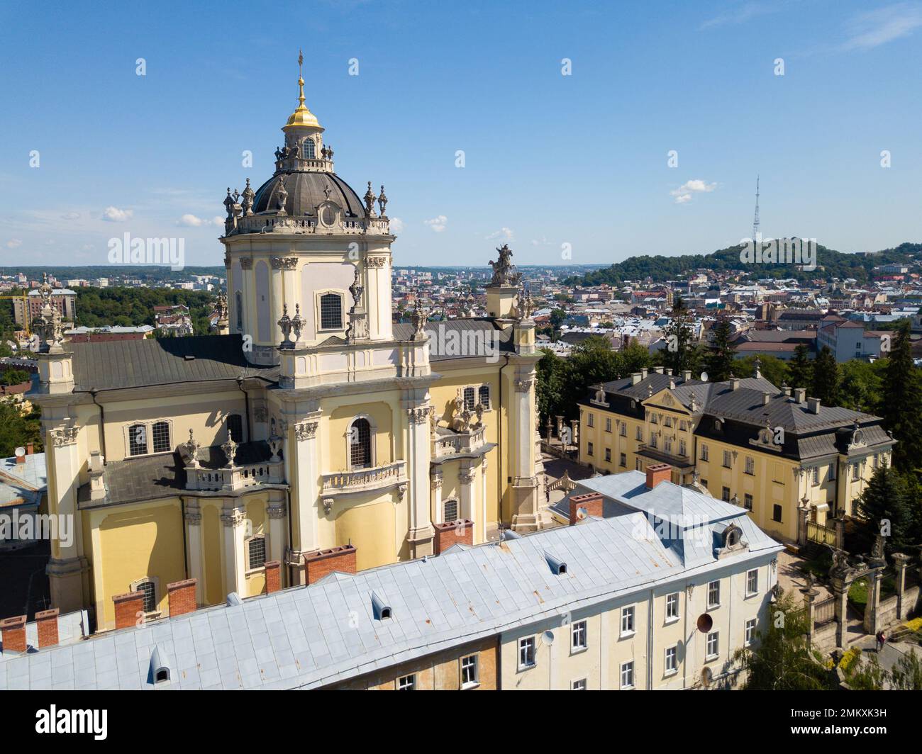 Ukraine, Lviv city center, old architecture, drone photo, bird's eye ...