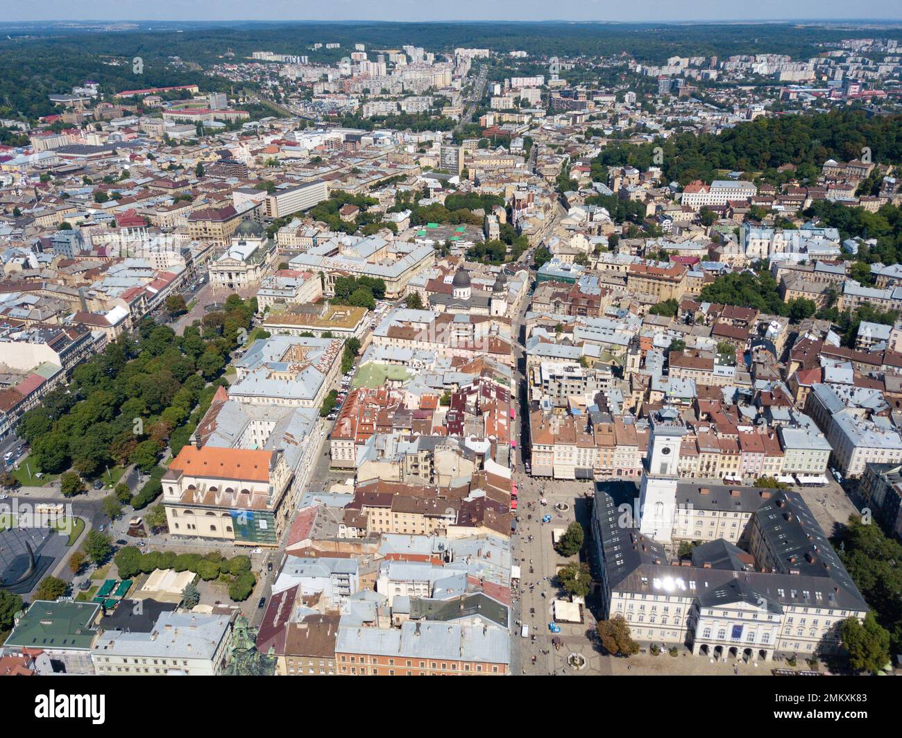 Ukraine, Lviv city center, old architecture, drone photo, bird's eye ...