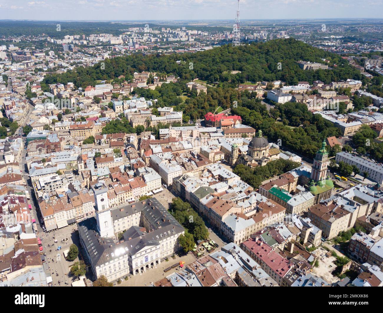 Ukraine, Lviv city center, old architecture, drone photo, bird's eye ...