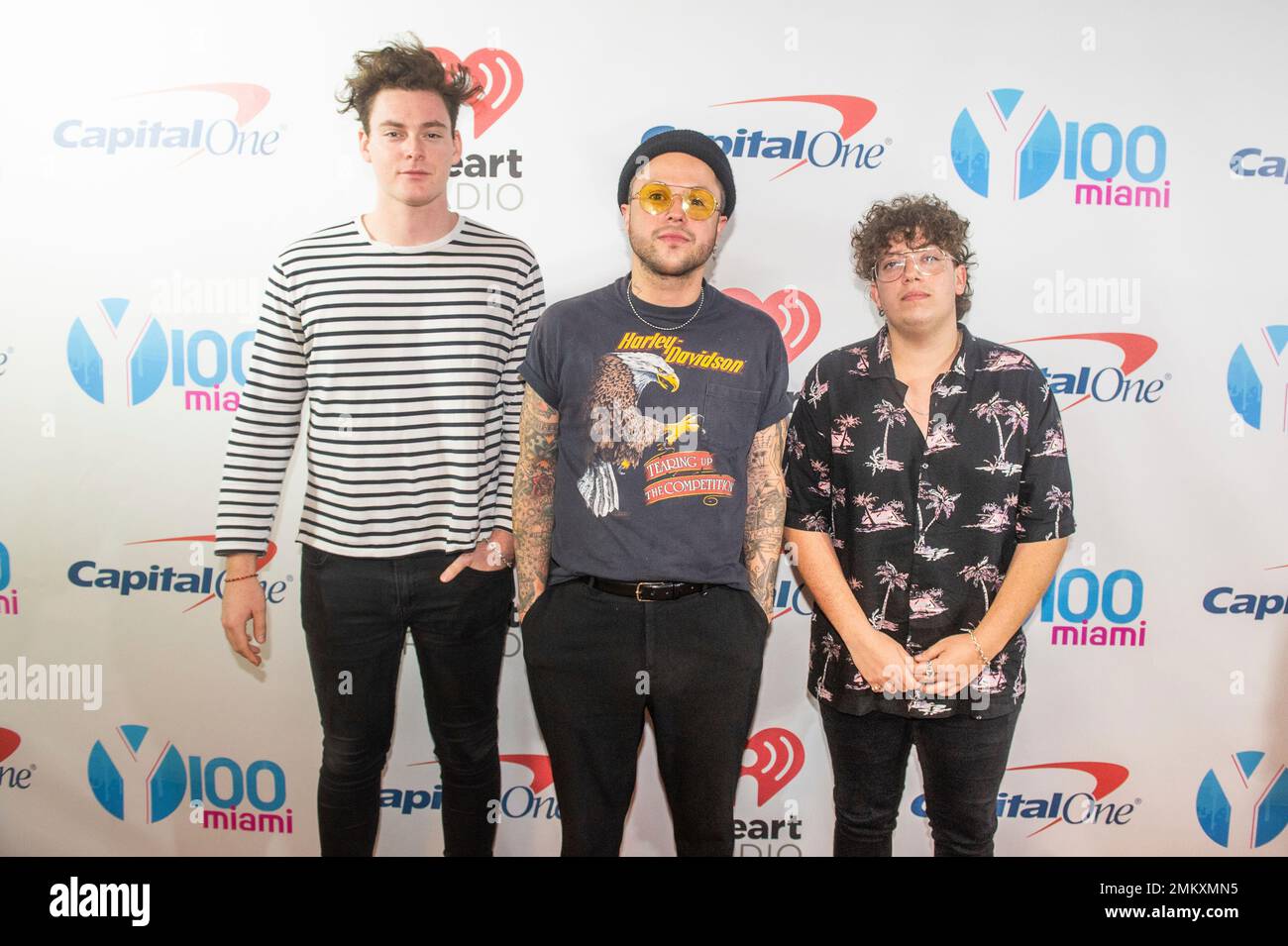Jordan Greenwald, from left, Mitchy Collins and Sam Price of Lovelytheband pose at Y100's Jingle ...