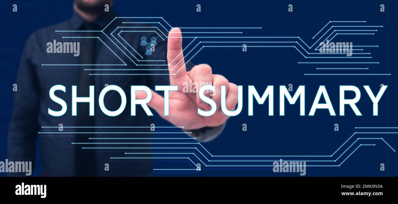 Hand writing sign Short Summary. Business idea Brief statement of main points clear Stock Photo ...