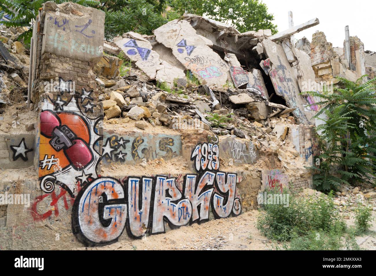 different colored graffiti on the walls of the destroyed building Stock ...