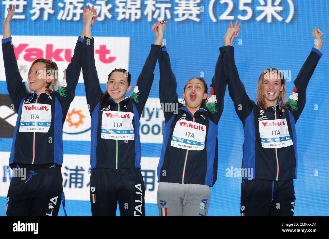 Bronze medalists from Italy, from left, Federica Pellegrini, Elena Di ...