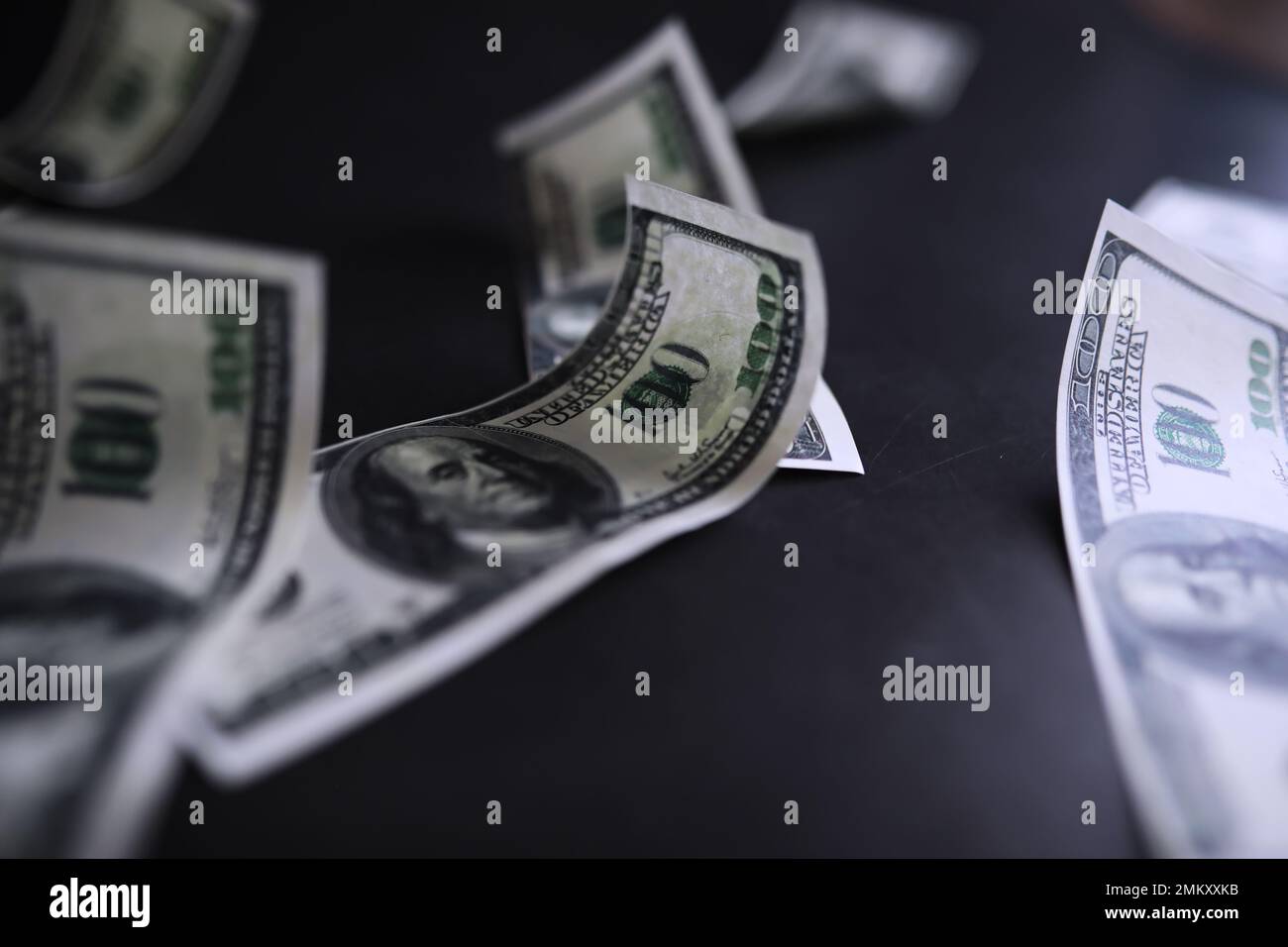 Dollar banknotes flying black background, collage. Banner design Stock ...