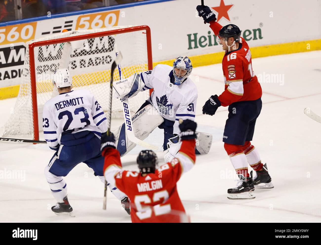 Florida Panthers center Aleksander Barkov, center, scores a goal during ...